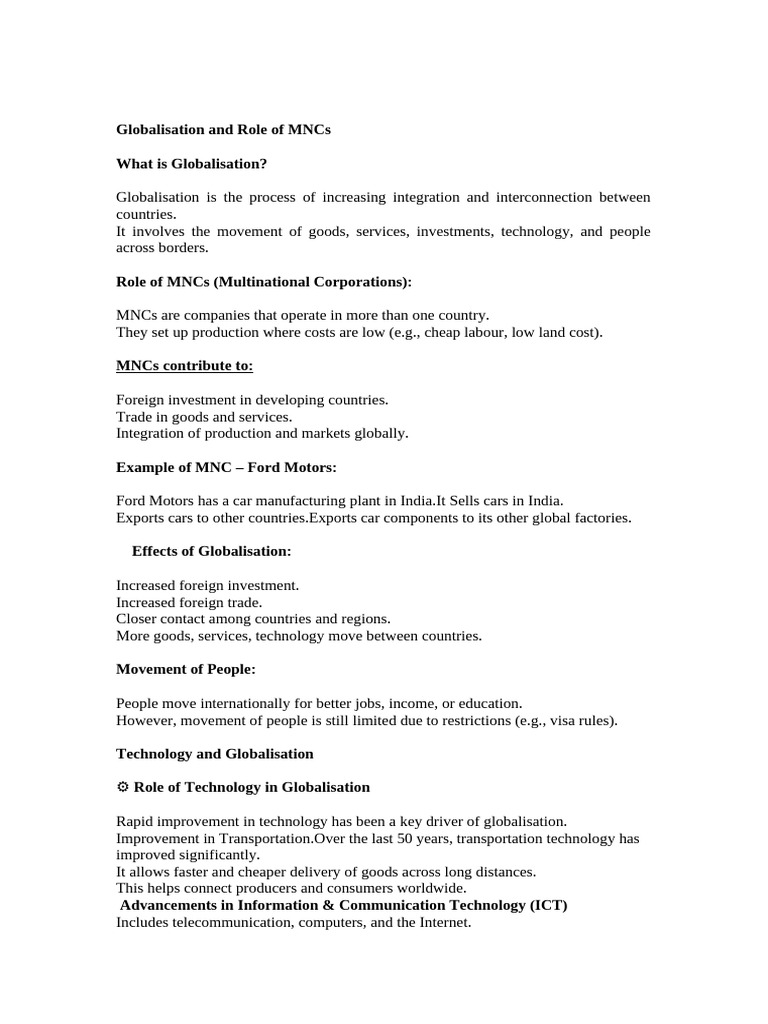 Globalisation and Role of MNCs | PDF | Globalization | Multinational ...