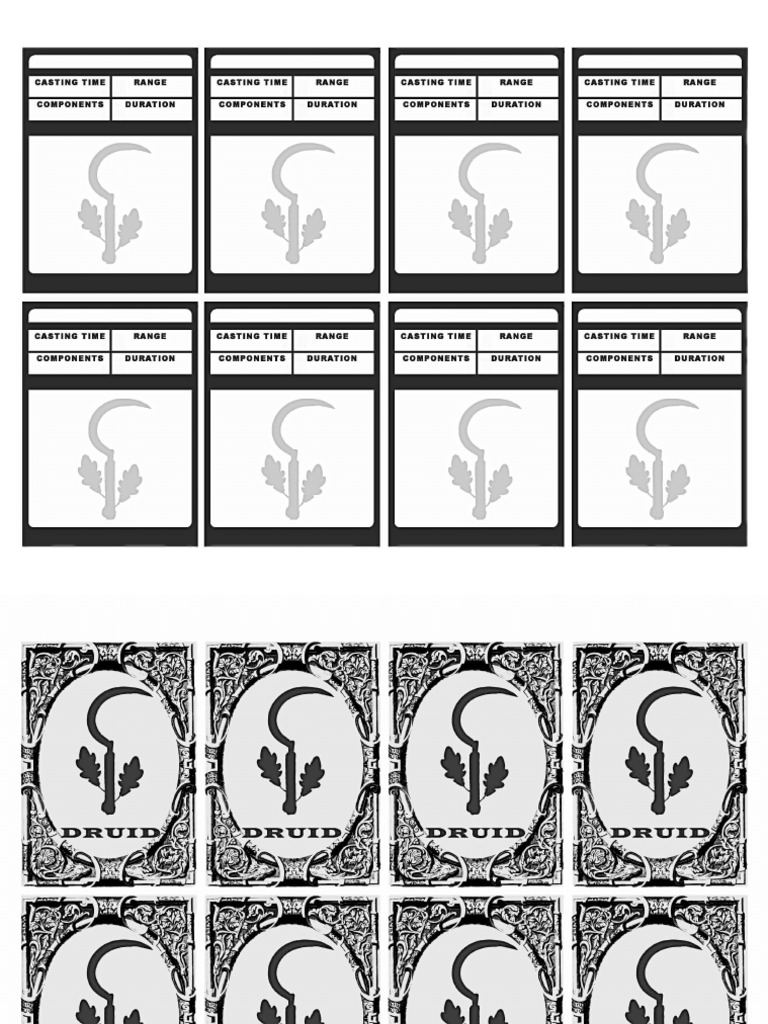 Druid LVL 1 Spell Cards B&W Blank | PDF
