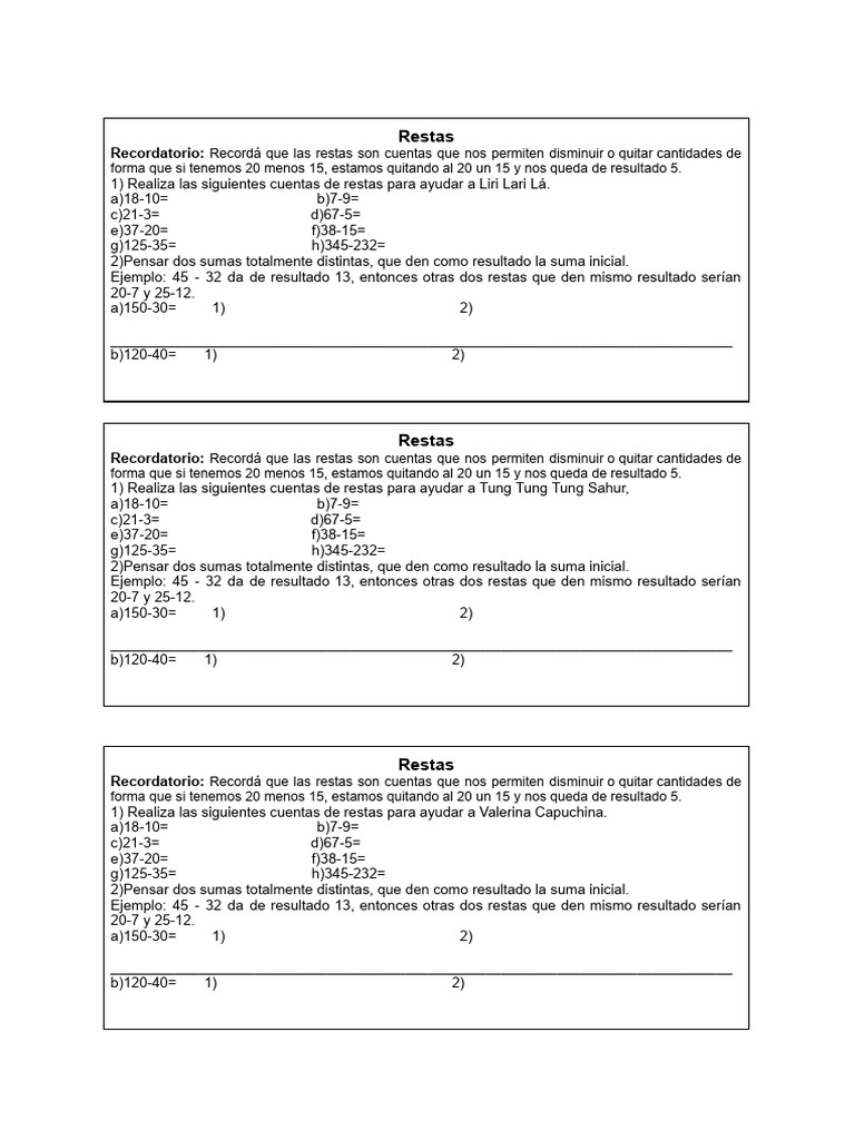 Ejercicios de Restas y Sumas | PDF