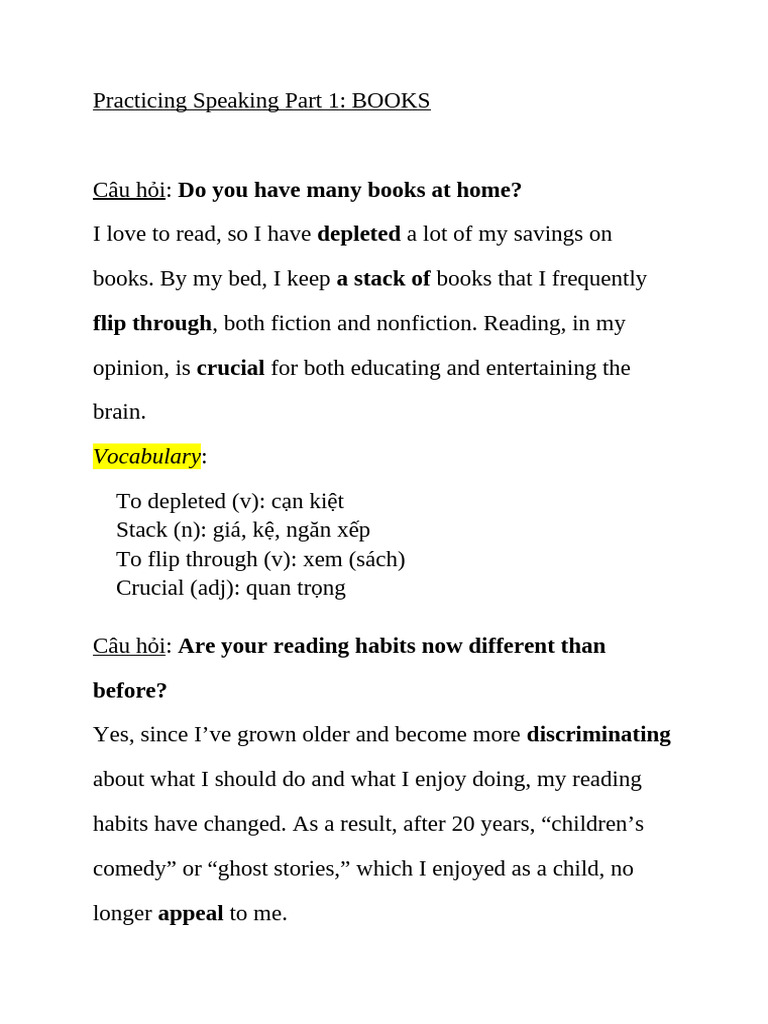 Practicing Speaking Part 1 - BOOKS | PDF