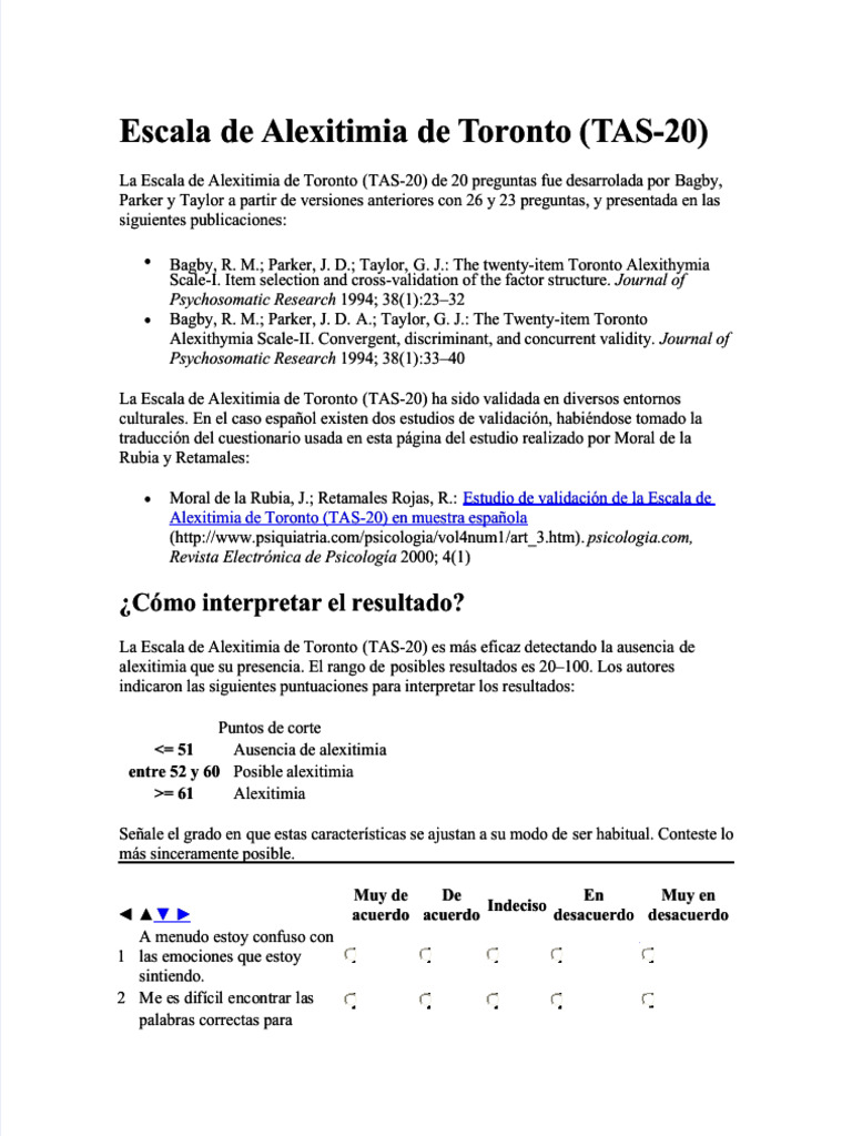 Escala de Alexitimia de Toronto TAS 20 | PDF