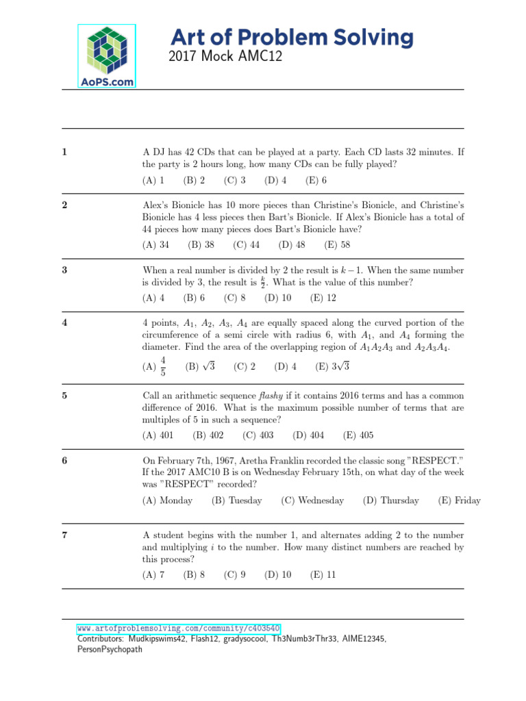 2017 Mock AMC 12 Problems | PDF | Area | Circle