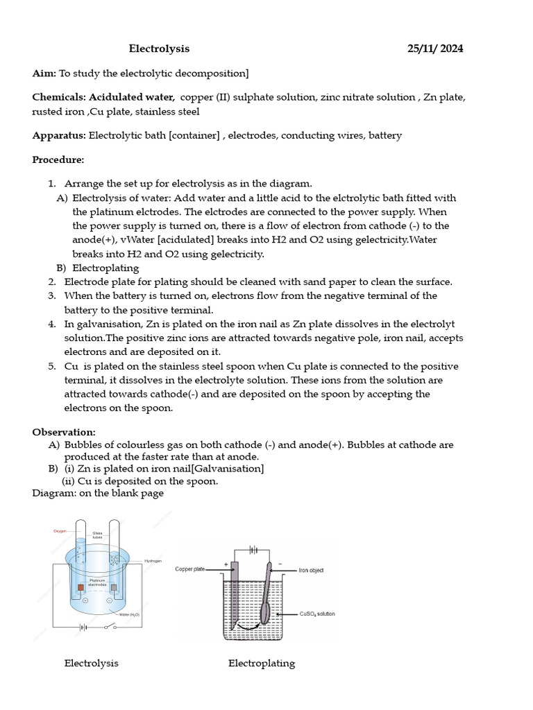 Electrolysis and Electroplating Experiment | PDF | Electrode | Anode