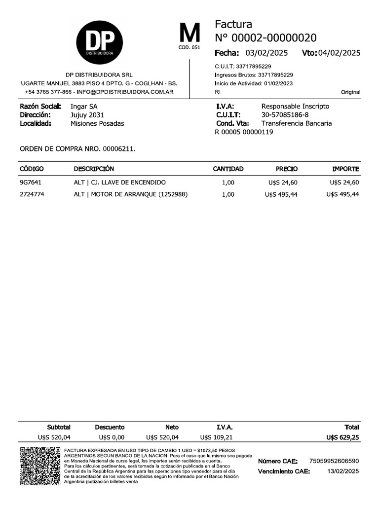Factura M 00002 00000020 - Ingar SA1 | PDF