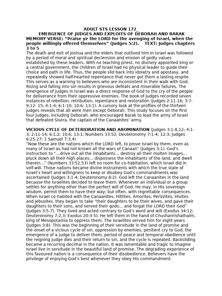 Adult Sts Lesson 172 - Emergence of Judges and Exploits of Deborah and ...