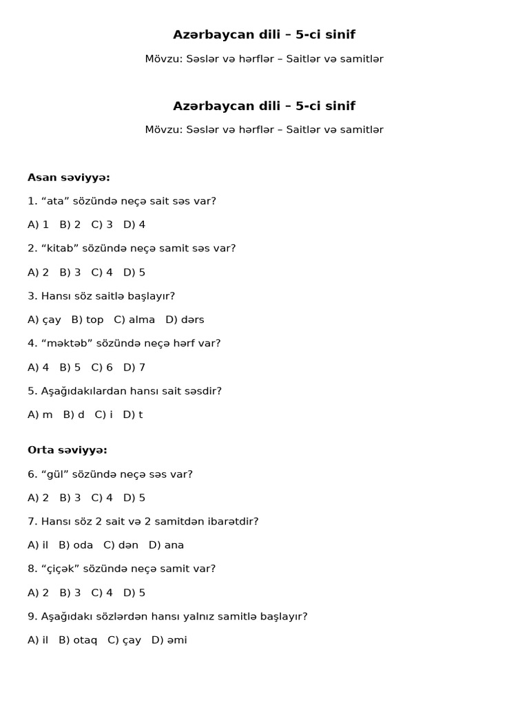 Saitler Ve Samitler Test 5ci Sinif | PDF