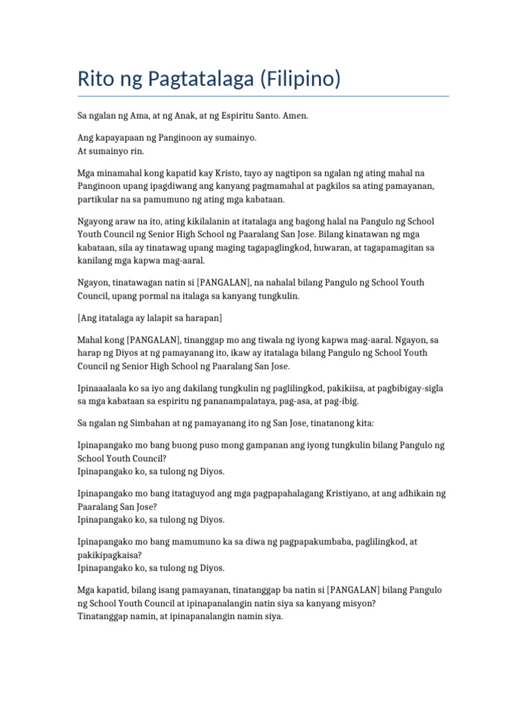 Rito NG Pagtatalaga SHS | PDF