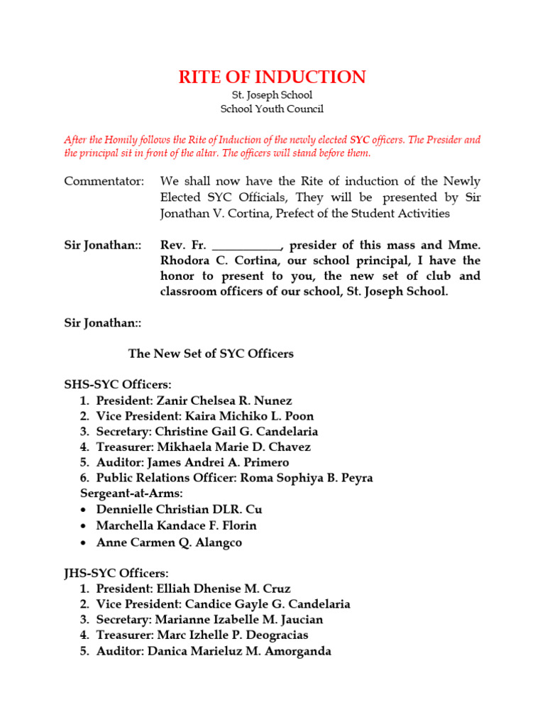 Rite of Induction - School Youth Council | PDF | Jesus | Saint Joseph
