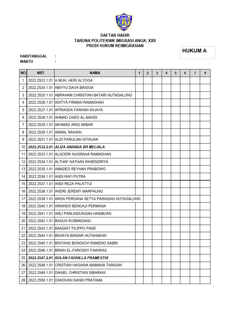 Daftar Hadir Taruna Poltekim 2022 | PDF