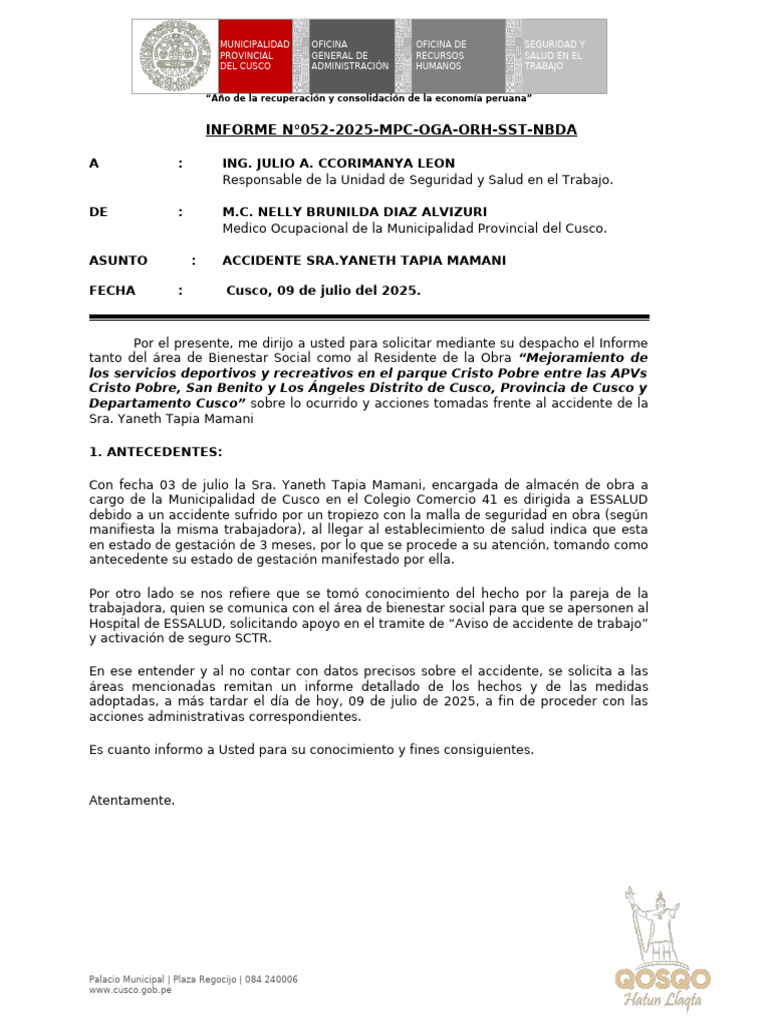 Informe Accidente Sra Yaneth Tapia | PDF
