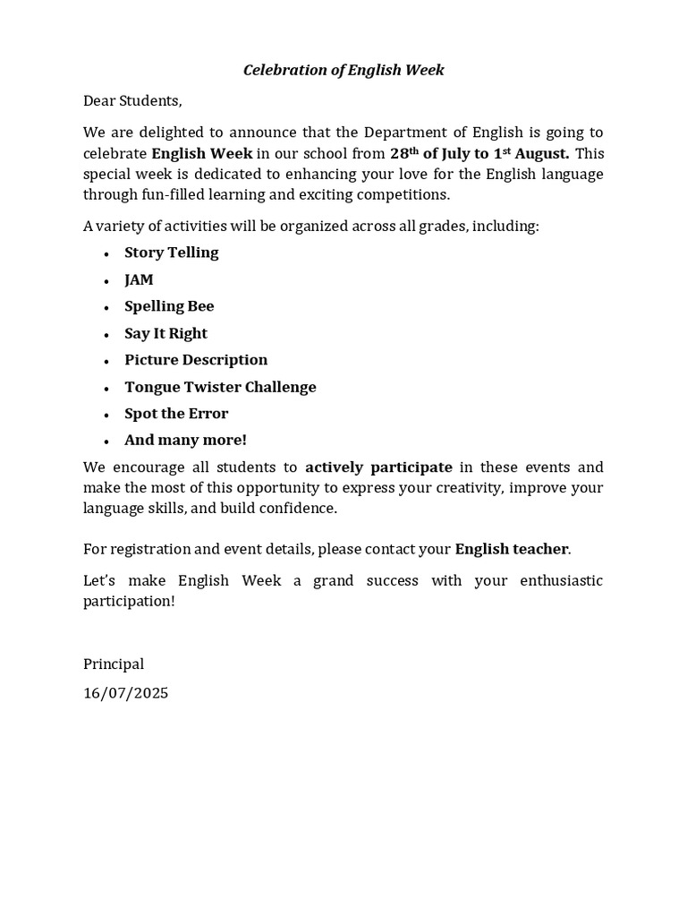 English Week Celebration 2025 Activities | PDF