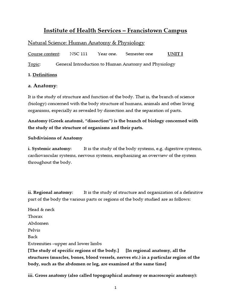Unit 1 Intro To Anatomy & Physiology | PDF | Anatomical Terms Of ...
