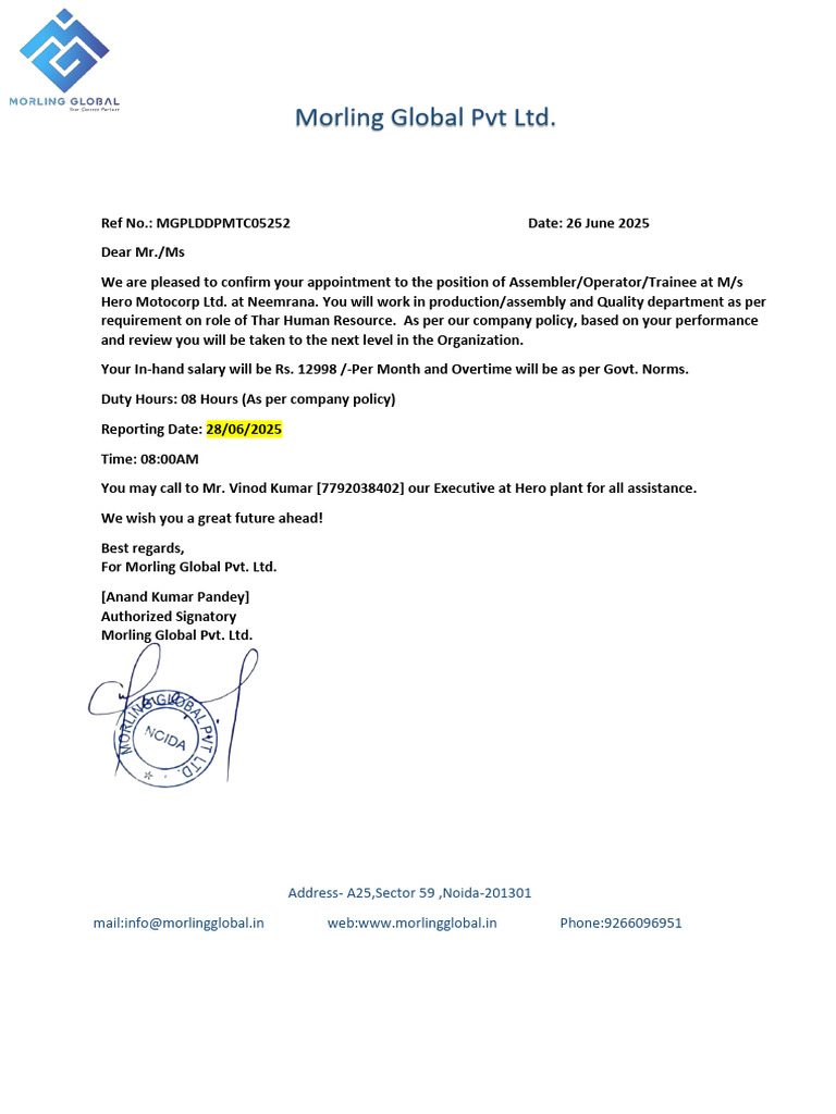 Appointment Confirmation for Assembler Role | PDF