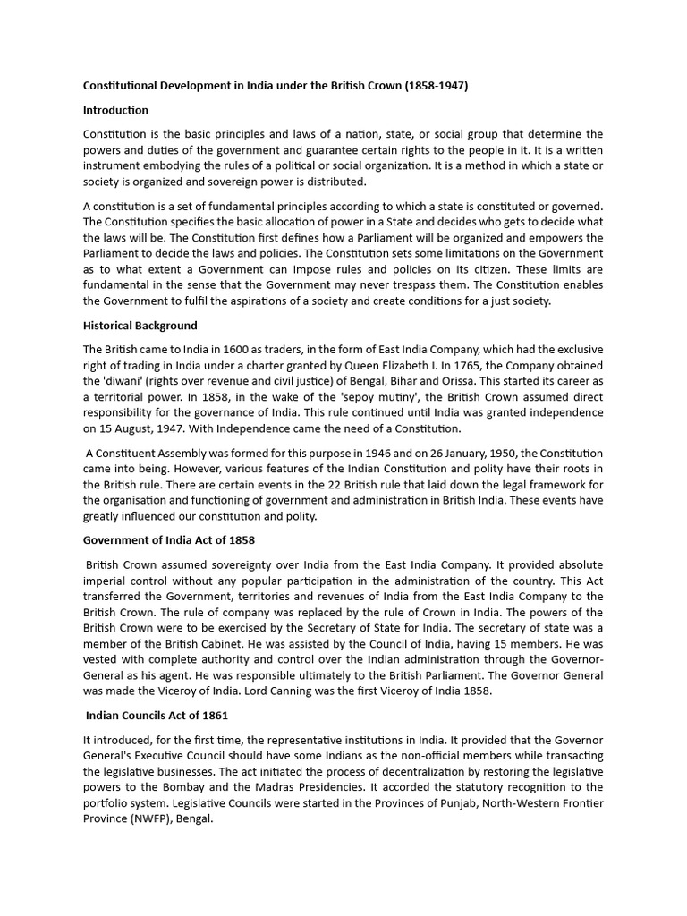 Constitutional Development in India (1858-1947) | PDF | British Raj ...