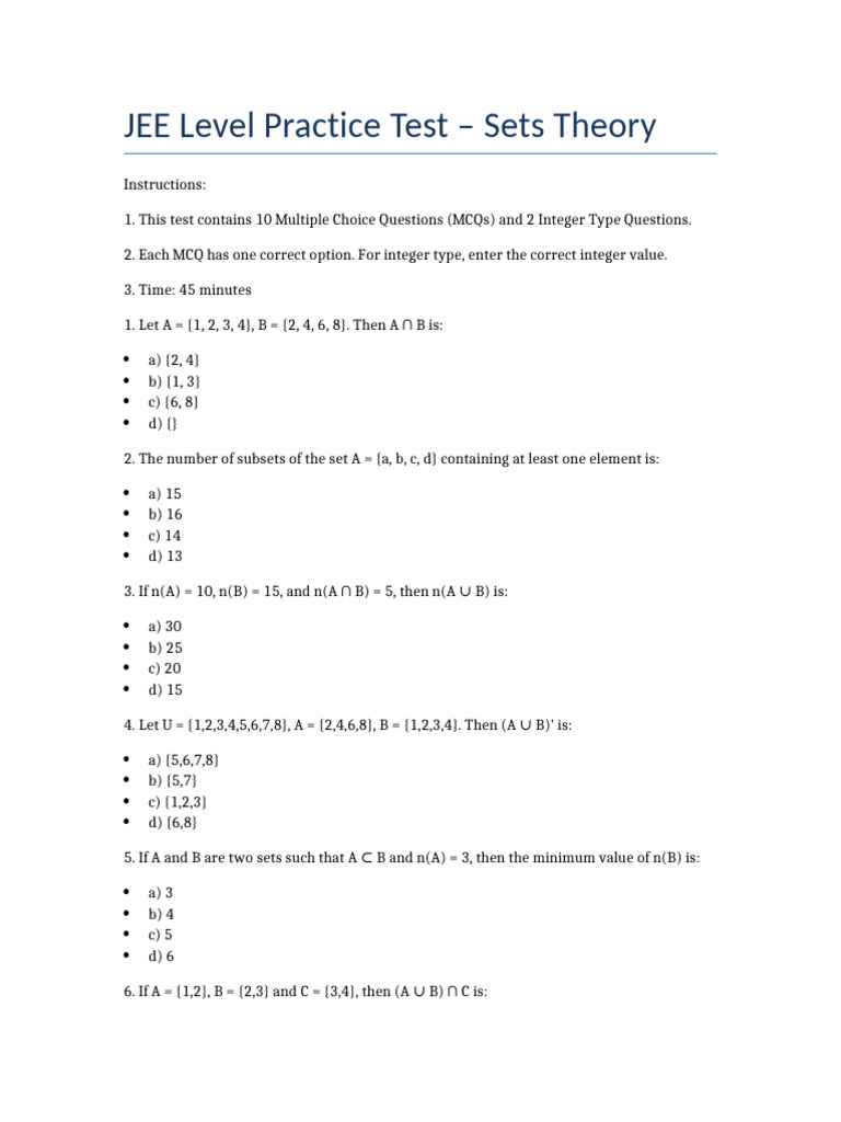 JEE Sets Theory Test | PDF