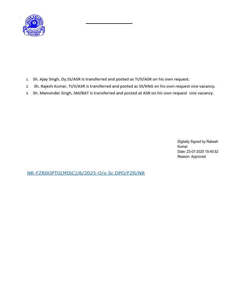 Northern Railway Transfer Orders 2025 | PDF