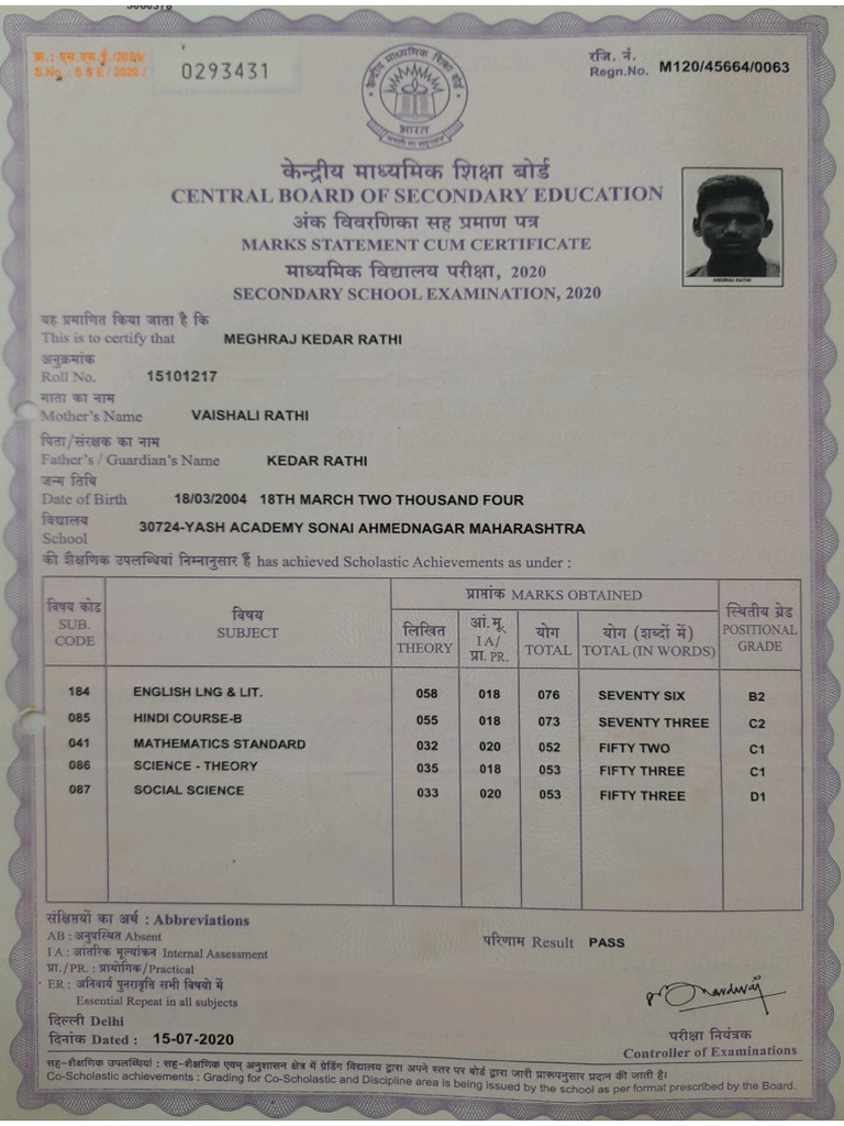 Statement of Marks of SSC - Equivalent Examination. Along With Conversion Certificate If ...