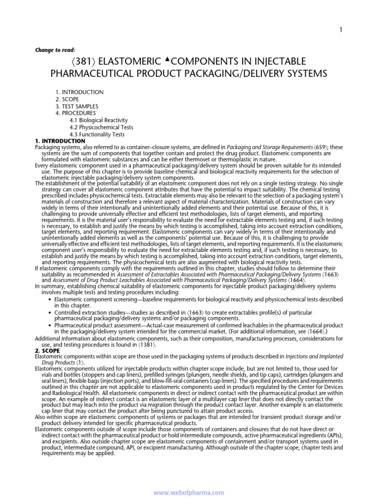 〈381〉 Elastomeric Components in Injectable Pharmaceutical Product Packaging Delivery Systems ...