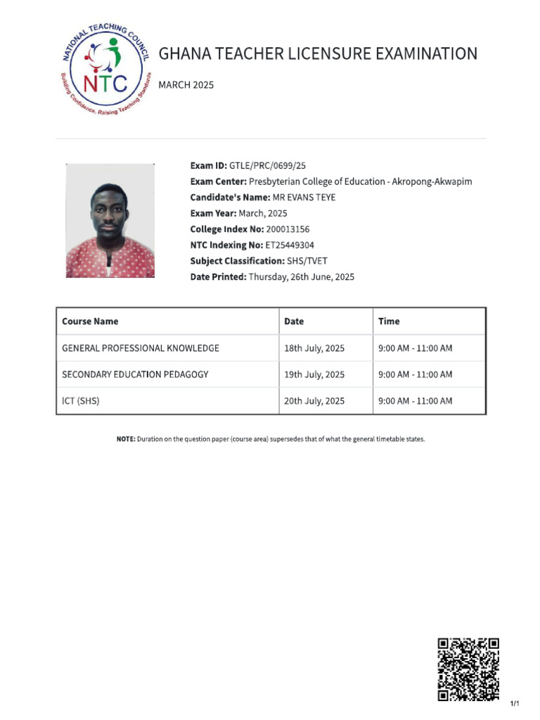 NTC Exam Date Time and Venue - Evans Teye - 125844 | PDF