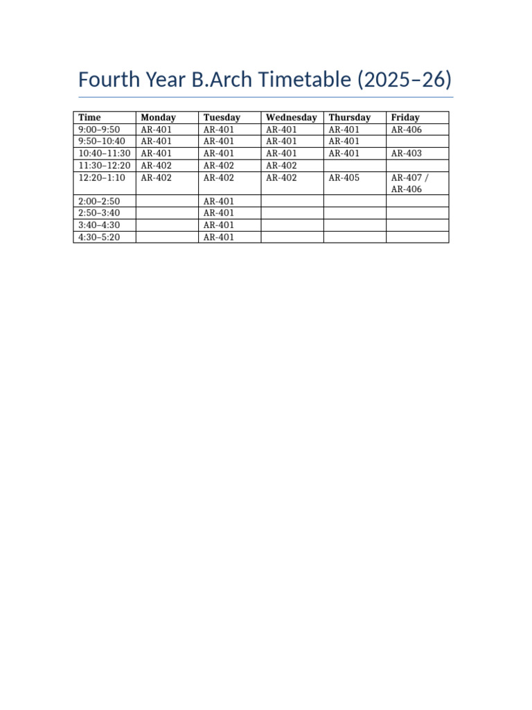 Fourth Year BArch Timetable Template | PDF