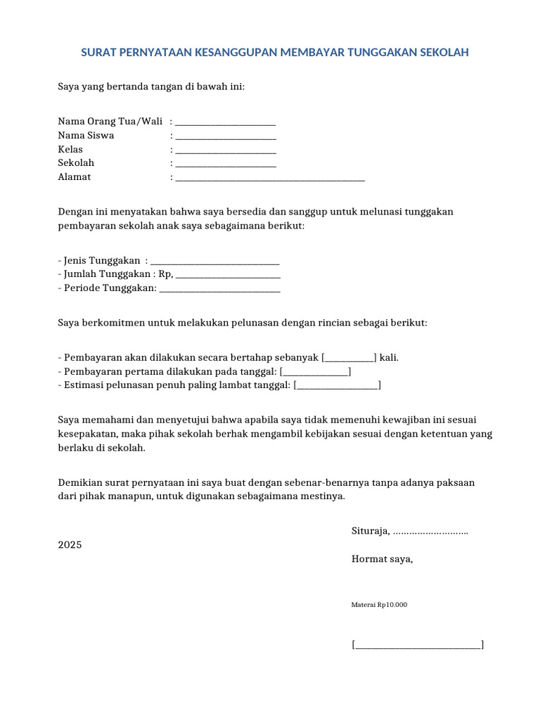 Surat Pernyataan Kesanggupan Tunggakan SD | PDF