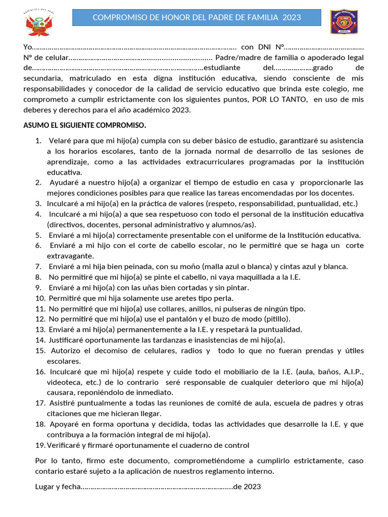 ACTA DE COMPROMISO PARA PADRES DE FAMILIA 2023 (Autoguardado) | PDF ...
