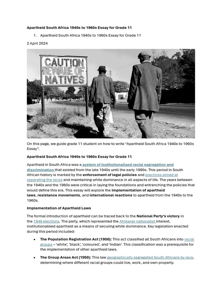 Apartheid South Africa 1940s To 1960s Essay For Grade 11 | PDF ...
