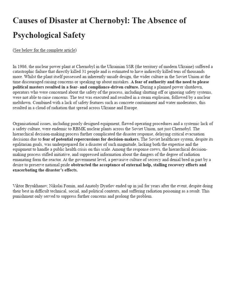 Chernobyl - Safety Cultures and Secrecy - Psych Safety | PDF ...