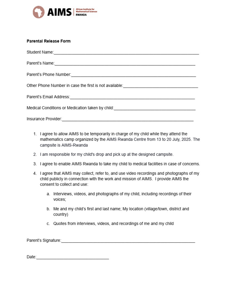 Parental Release Consent 2025 | PDF