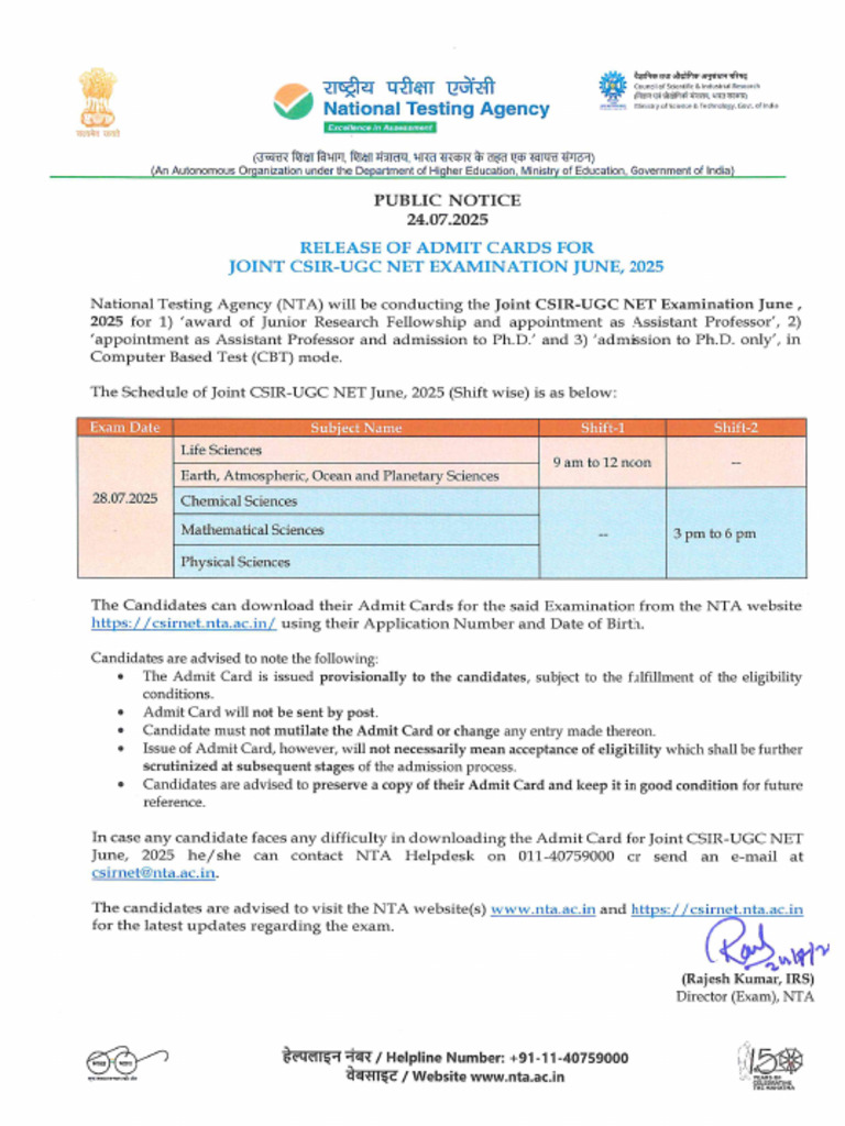 Public Notice Admit Card Csir June 2025 | PDF