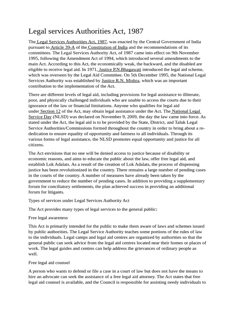 Legal Services Authorities Act Overview | PDF | Legal Aid | Lawyer