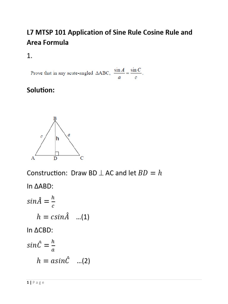 L7 Application of Sine Rule Cosine Rule and Area Formula | PDF