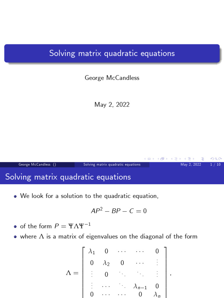 Solving Matrix Quadratic Equation | PDF | Eigenvalues And Eigenvectors | Matrix (Mathematics)
