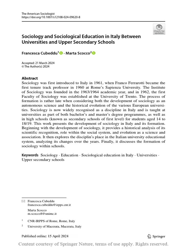 Sociology and Sociological Education in Italy Between Universities and ...
