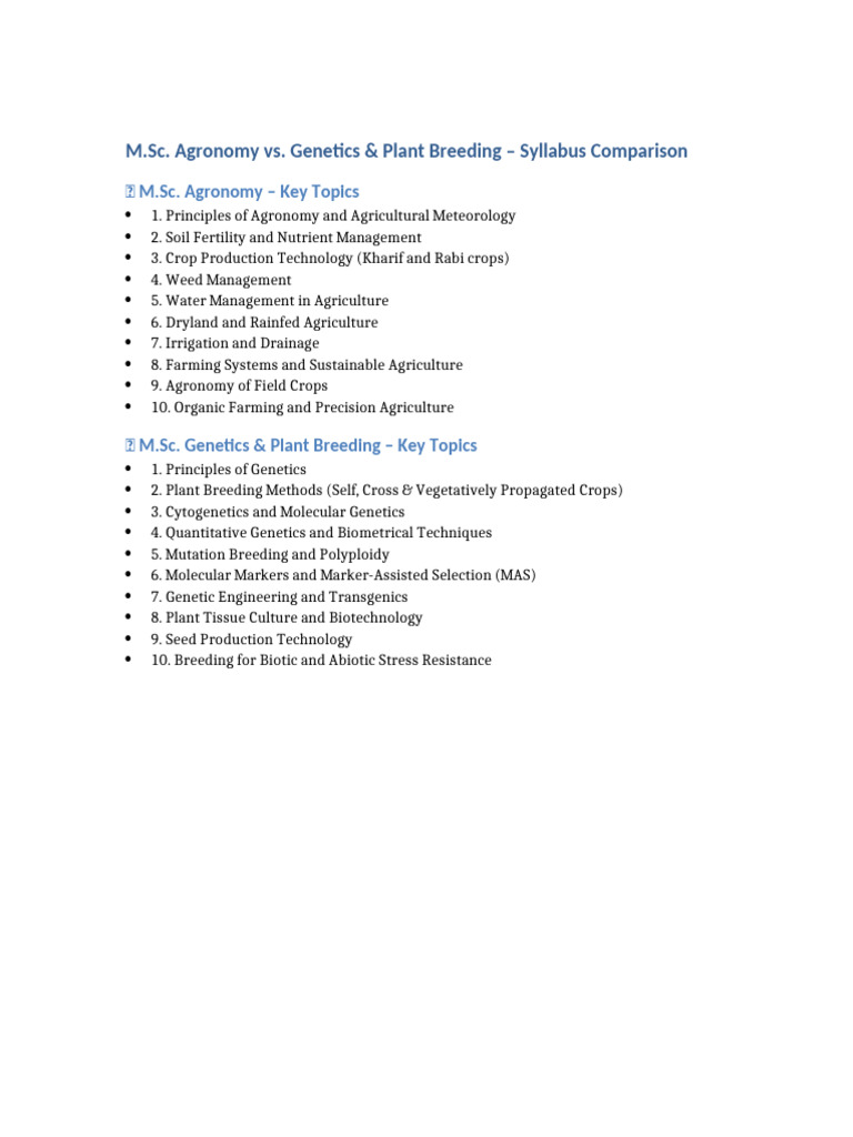 MSC Agronomy Vs Genetics Syllabus Comparison | PDF