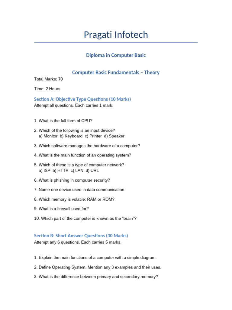 Computer Basic Fundamentals Question Papers | PDF | Computer Data Storage | Operating System