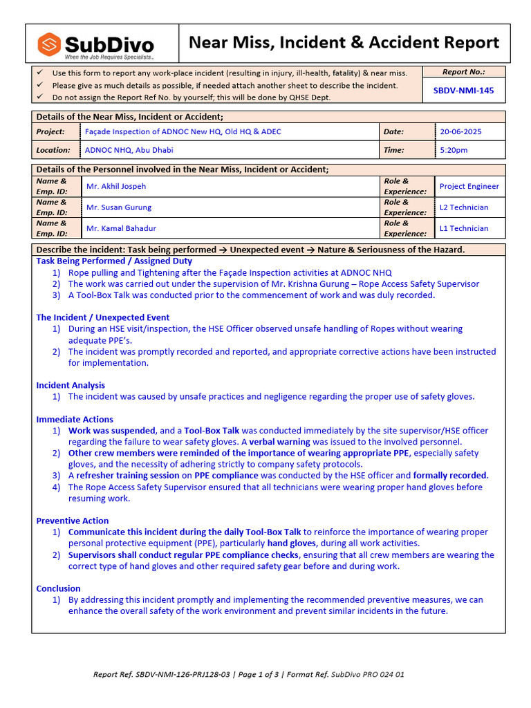 Workplace Incident Report: ADNOC HQ | PDF | Personal Protective ...