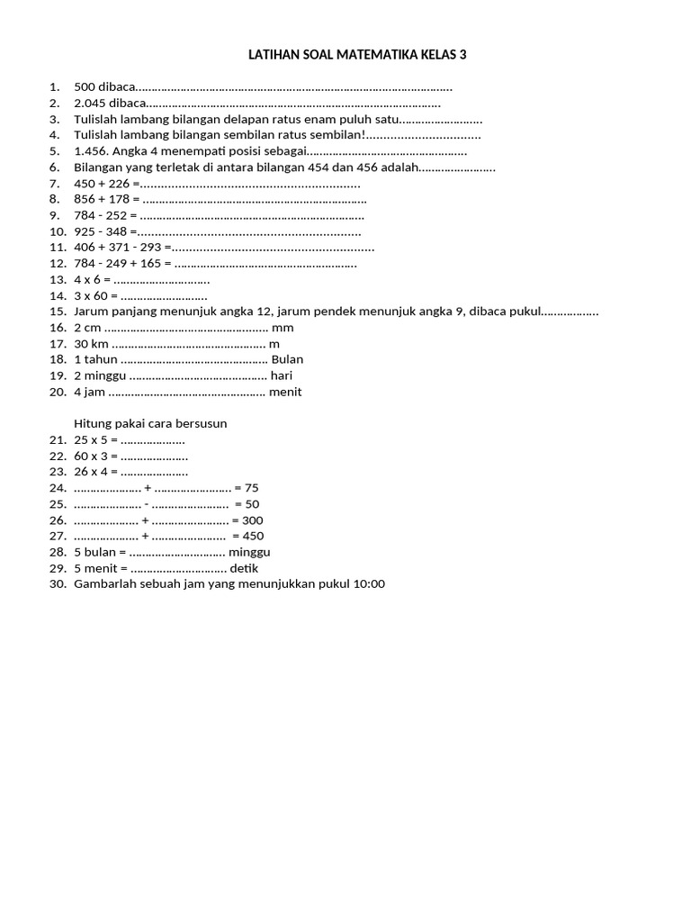 Latihan Soal Matematika Kelas 3 | PDF