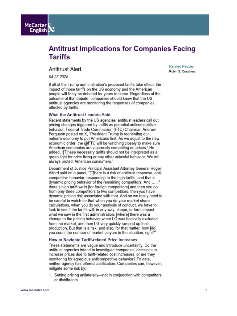 Antitrust Implications For Companies Facing Tariffs | PDF | Federal ...