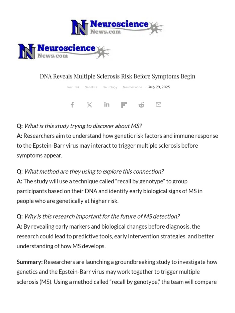 DNA Reveals Multiple Sclerosis Risk Before Symptoms Begin ...