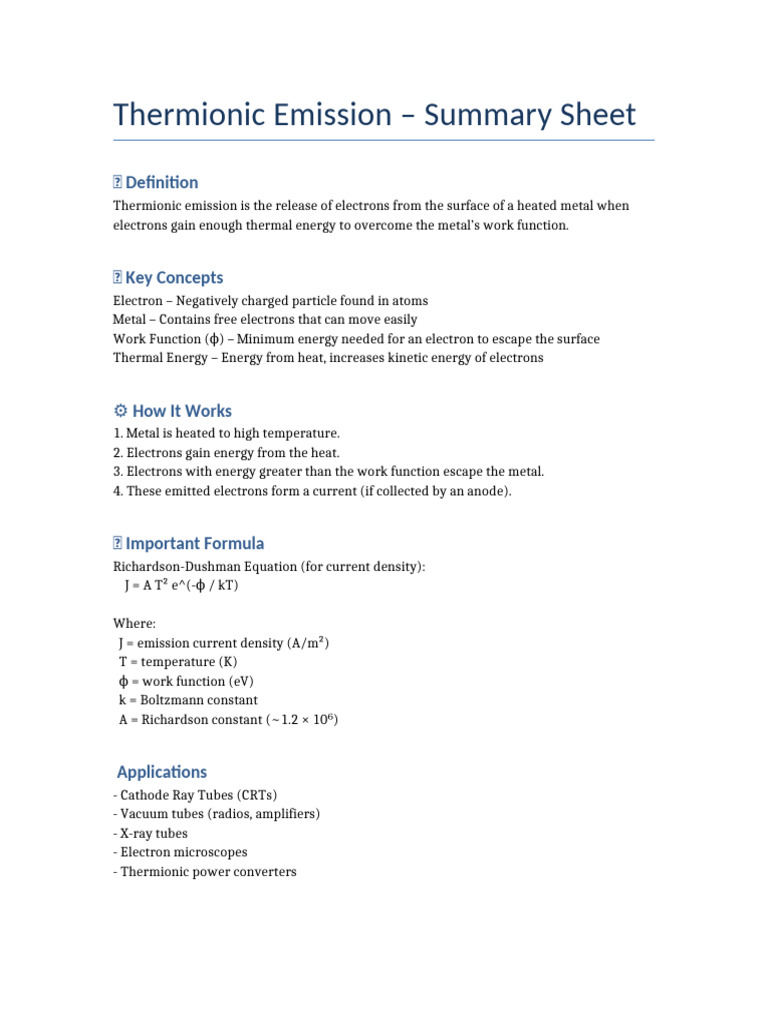 Thermionic Emission Summary | PDF