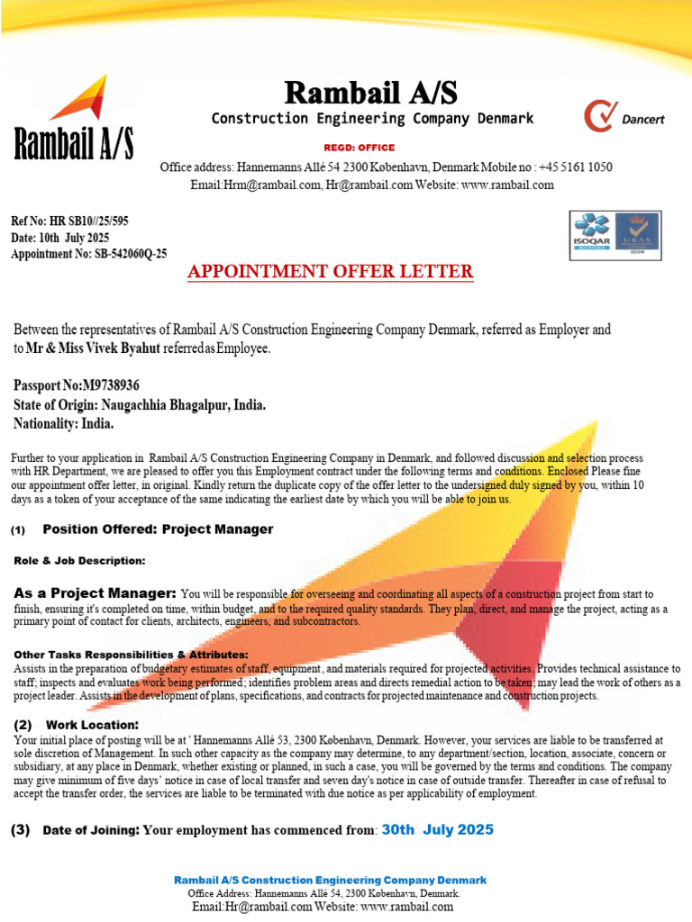 Appointment Offer Letter From Rambail New | PDF | Employment | Salary
