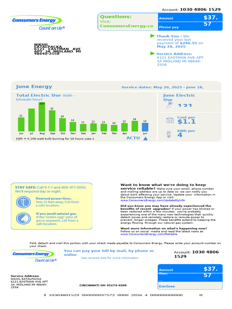 Consumers Energy June Bill Overview | PDF | Payments | Service Industries