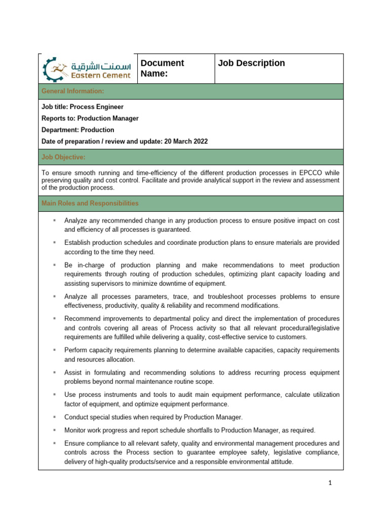 Process Engineer Job Description | PDF | Engineering | Business