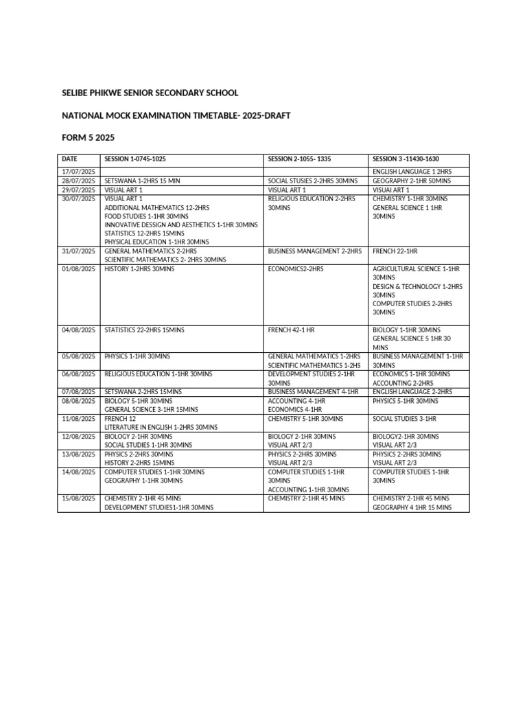 2025 National Mock Exam Timetable | PDF | Science | Inquiry