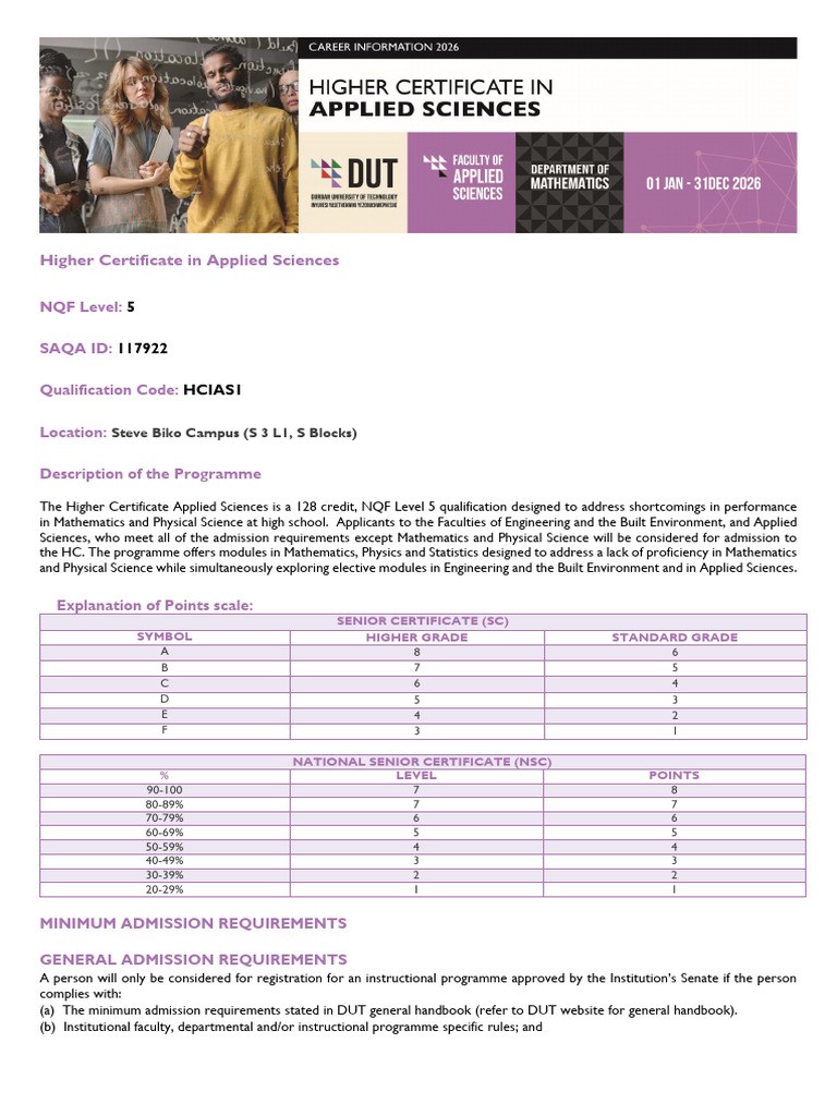 Higher Certificate in Applied Sciences | PDF | Educational Stages
