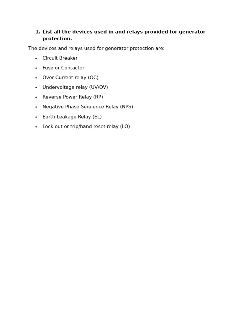 List All The Devices Used in and Relays Provided For Generator ...