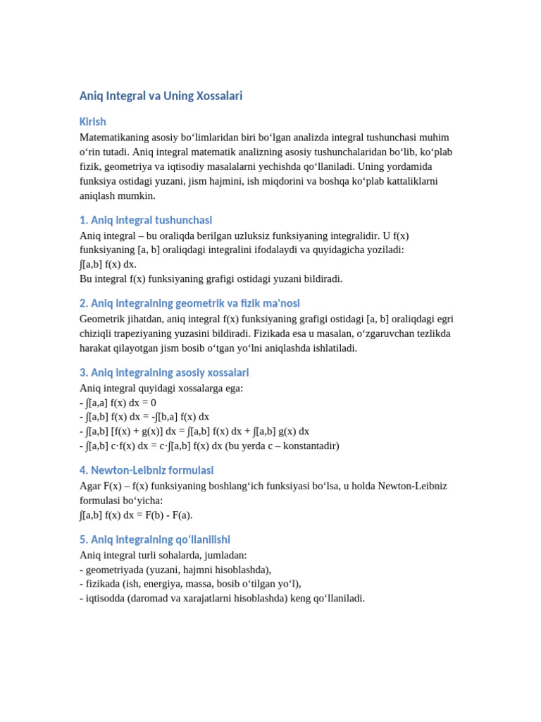 Aniq Integral Va Uning Xossalari | PDF