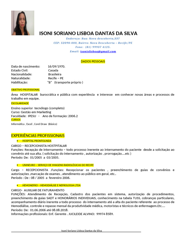 Currículo de Isoni Dantas - Área Hospitalar | PDF