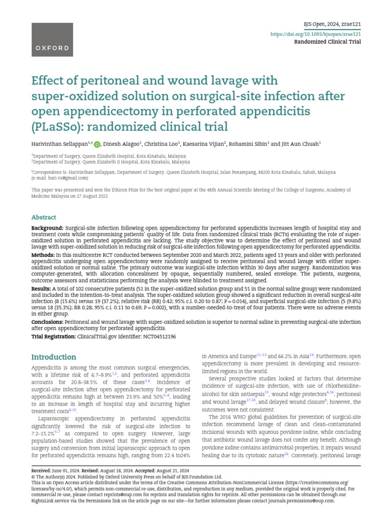 Effect of Peritoneal and Wound Lavage With Super-Oxidized Solution On ...